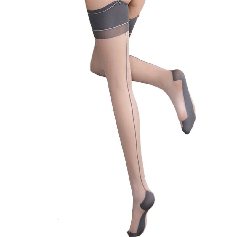 Чулки ажурные с швом до бедра, серый край серый