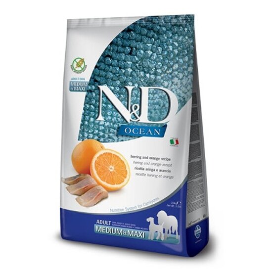 Корм сухой Farmina N&D Ocean Medium & Maxi беззерновой для собак средних и крупных пород, сельдь с апельсином, 12 кг