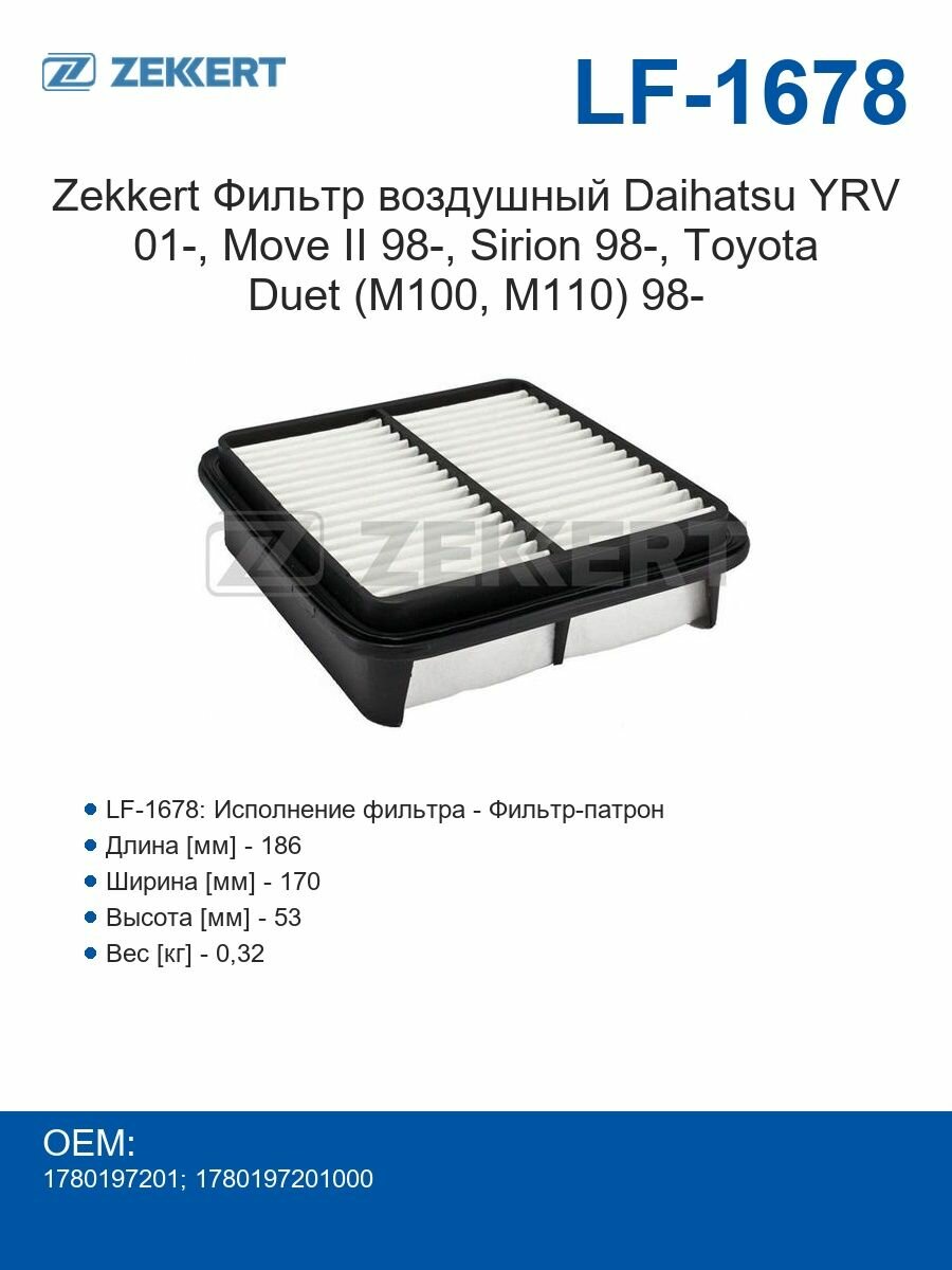 Zekkert Фильтр воздушный Daihatsu YRV 01-, Move II 98-, Sirion 98-, Toyota Duet (M100, M110) 98-