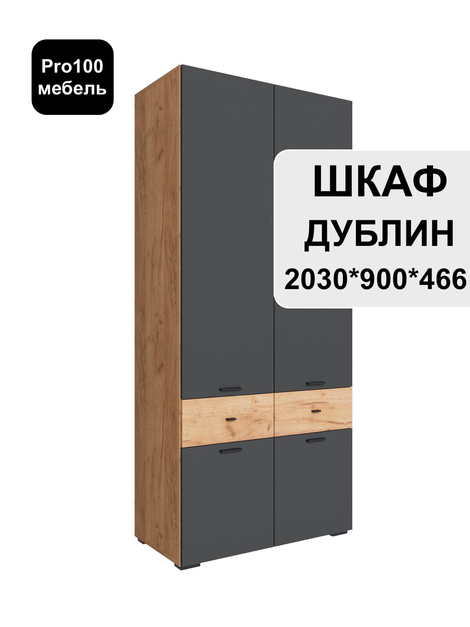 Шкаф 2-х створчатый дублин от Тэкс 2030*900*466 мм дуб крафт золотой/графит серый