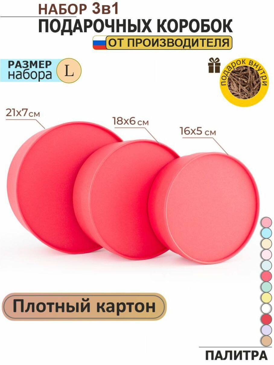 Круглая подарочная коробка шляпная с глухой крышкой с наполнителем для подарка, ГК, 3в1, красный, набор 3шт: 21х7 - 1шт, 18х6см - 1шт, 16х5см - 1шт