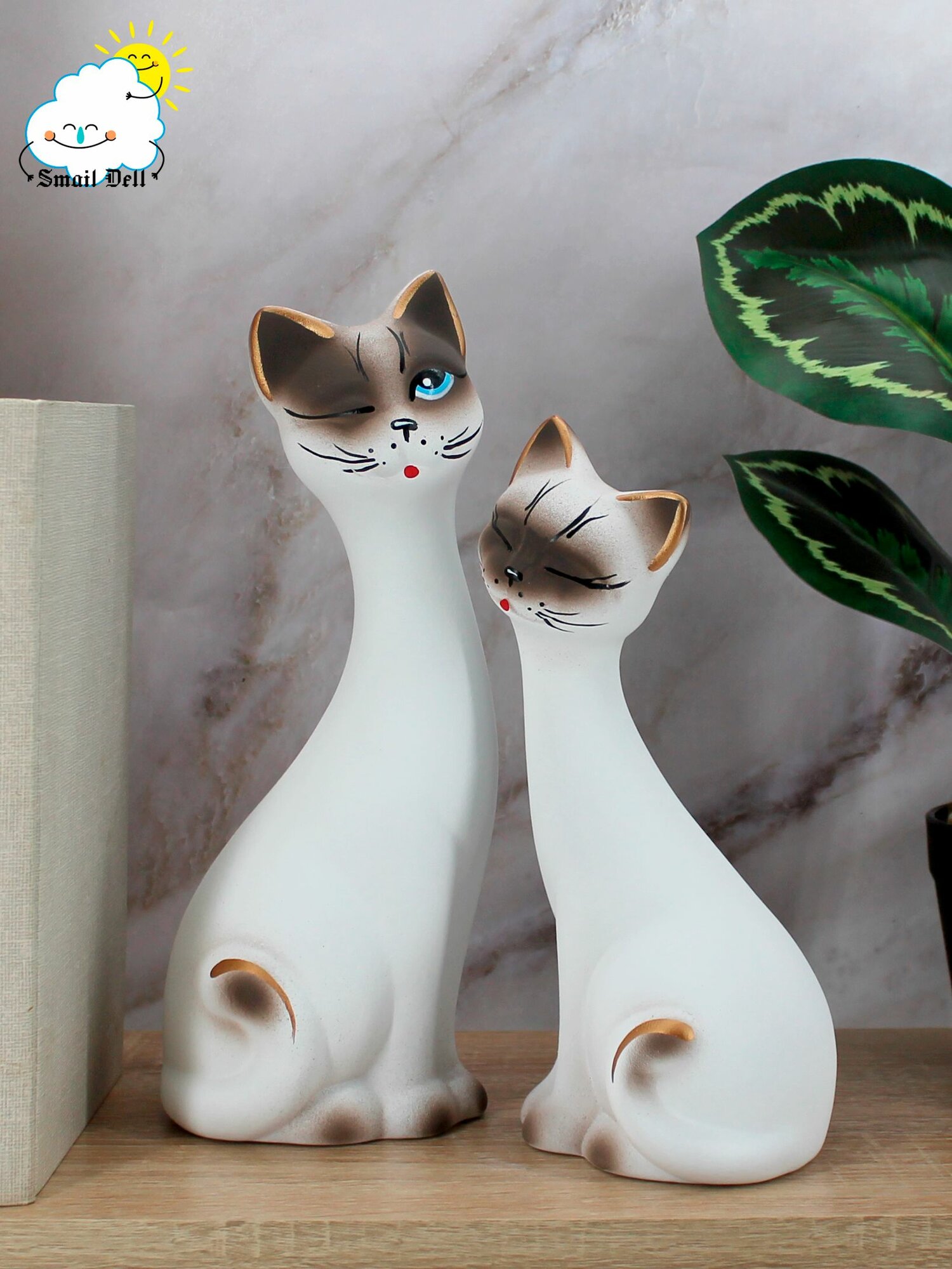 Статуэтки Кот и Кошка "Кит и Кэт" , 24 см и 21 см, керамика, цвет белый с коричневым подпалом