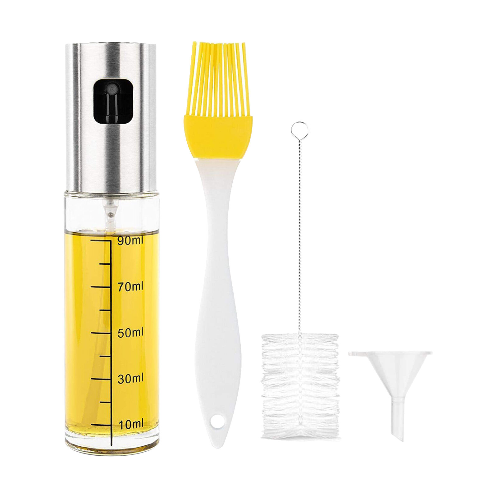 Расходуемый распылитель для оливкового масла объёмом 100мл, прозрачный, материал 304 нержавеющая сталь и стекло, комплект 1, 4, 5 или 8 штук, с воронкой, кистью для масла и кистью для очистки, для приготовления пищи, ББК, салата, выпечки, жарки, гриля,