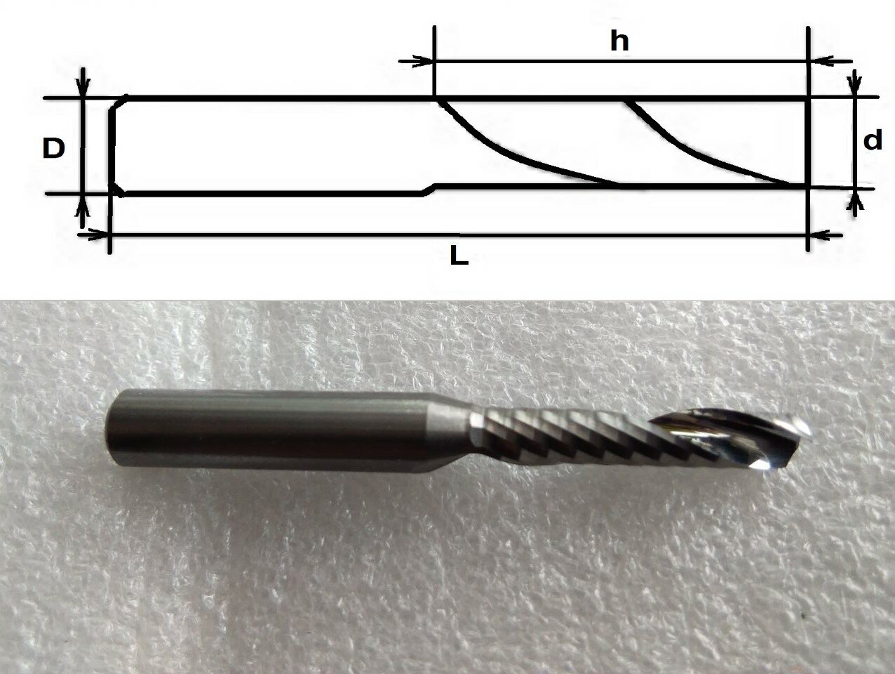 Фреза спиральная однозаходная по акрилу YKL 6.4.5.22, d-4.5/ h-22/ D-6/ L-50. A series для ЧПУ станка