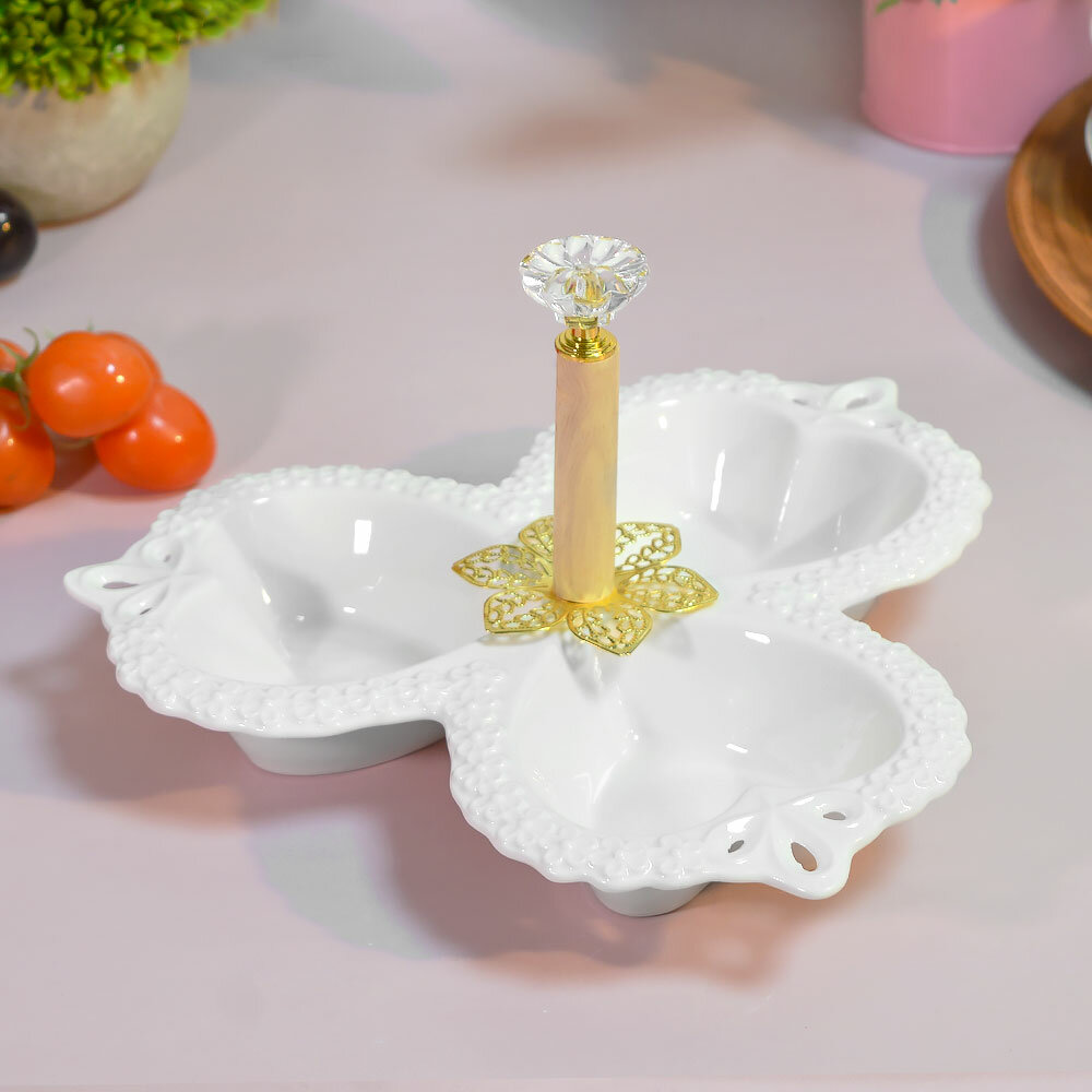 Менажница фарфоровая 3-секционная 21,5 см, белая, серия "HoReCa", с ручкой