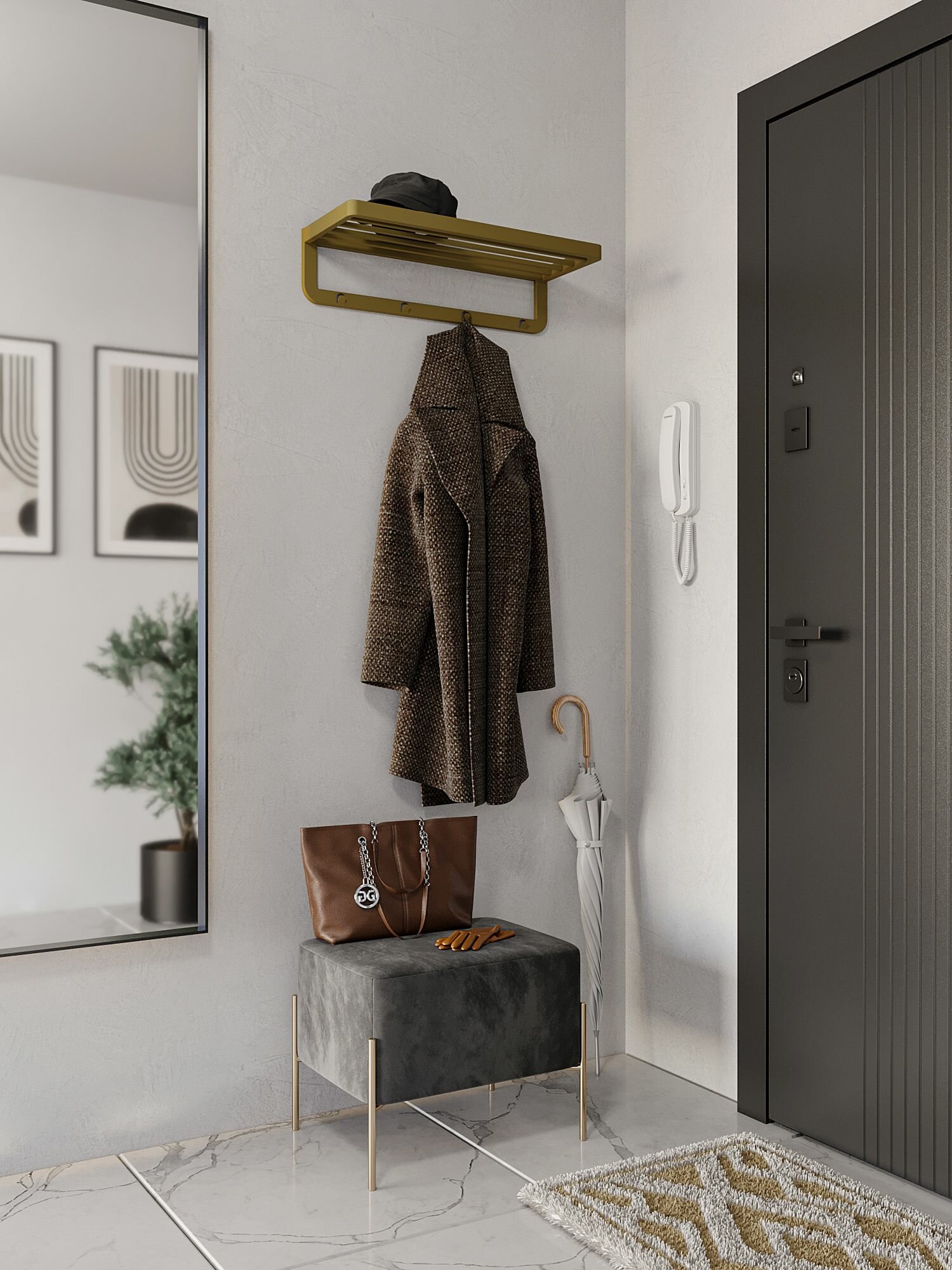 Вешалка настенная KM LOFT, многоярусная, с полочками, цвет золотой, металл