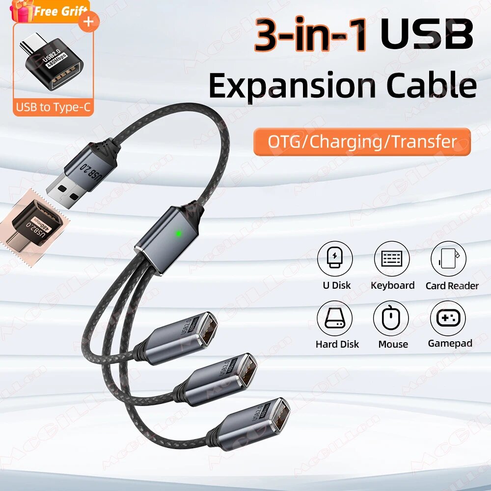 3-в-1 USB A - Type-C разветвитель кабель OTG, зарядка, передача данных