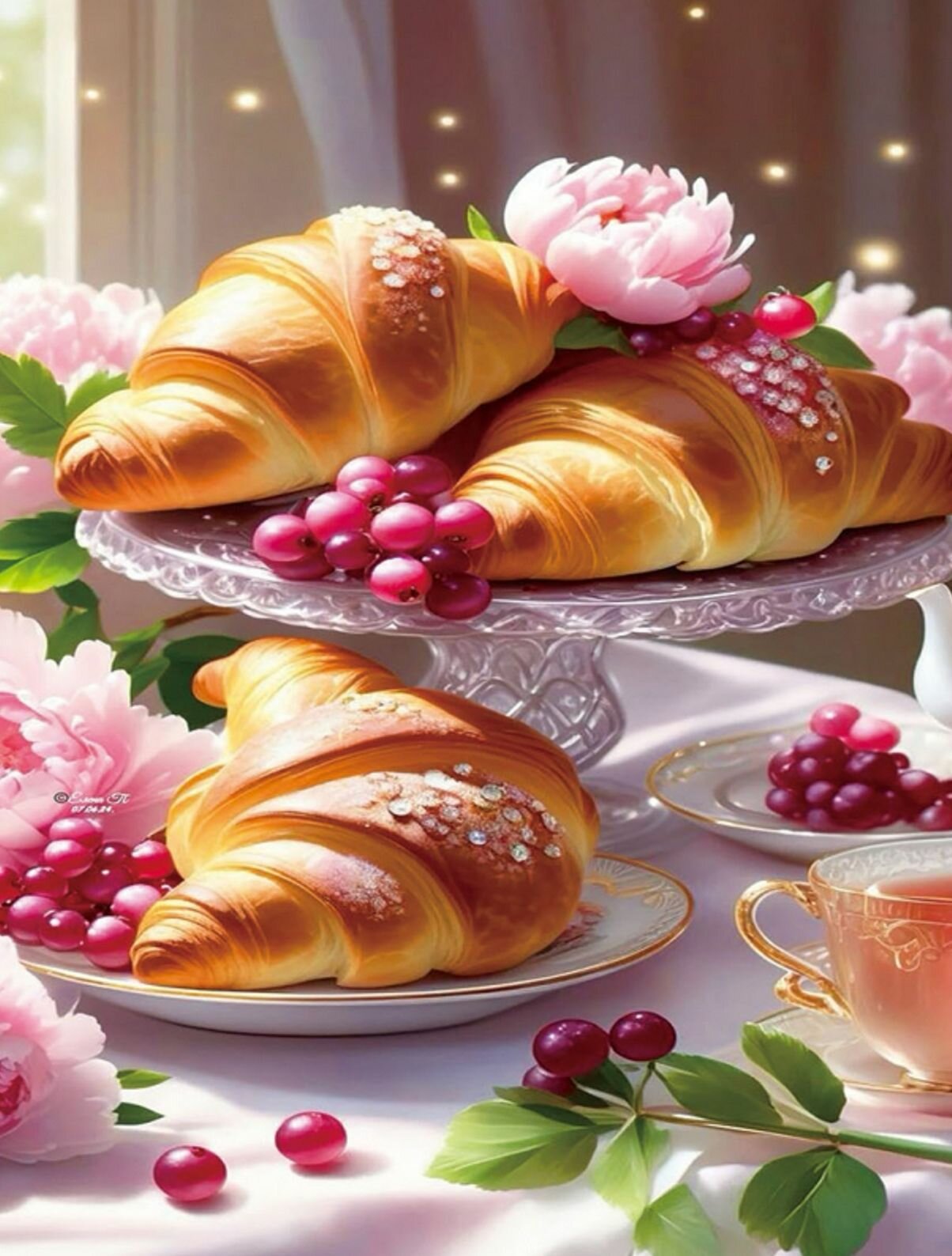 Алмазная мозаика на подрамнике 40*50 "Натюрморт с круассанами и пионами"