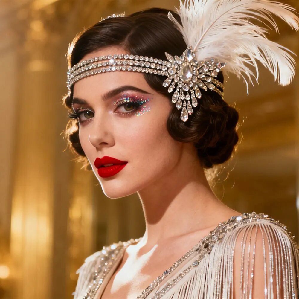 Диадема для волос в стиле Гэтсби со стразами 1 шт. серебристая, Китай