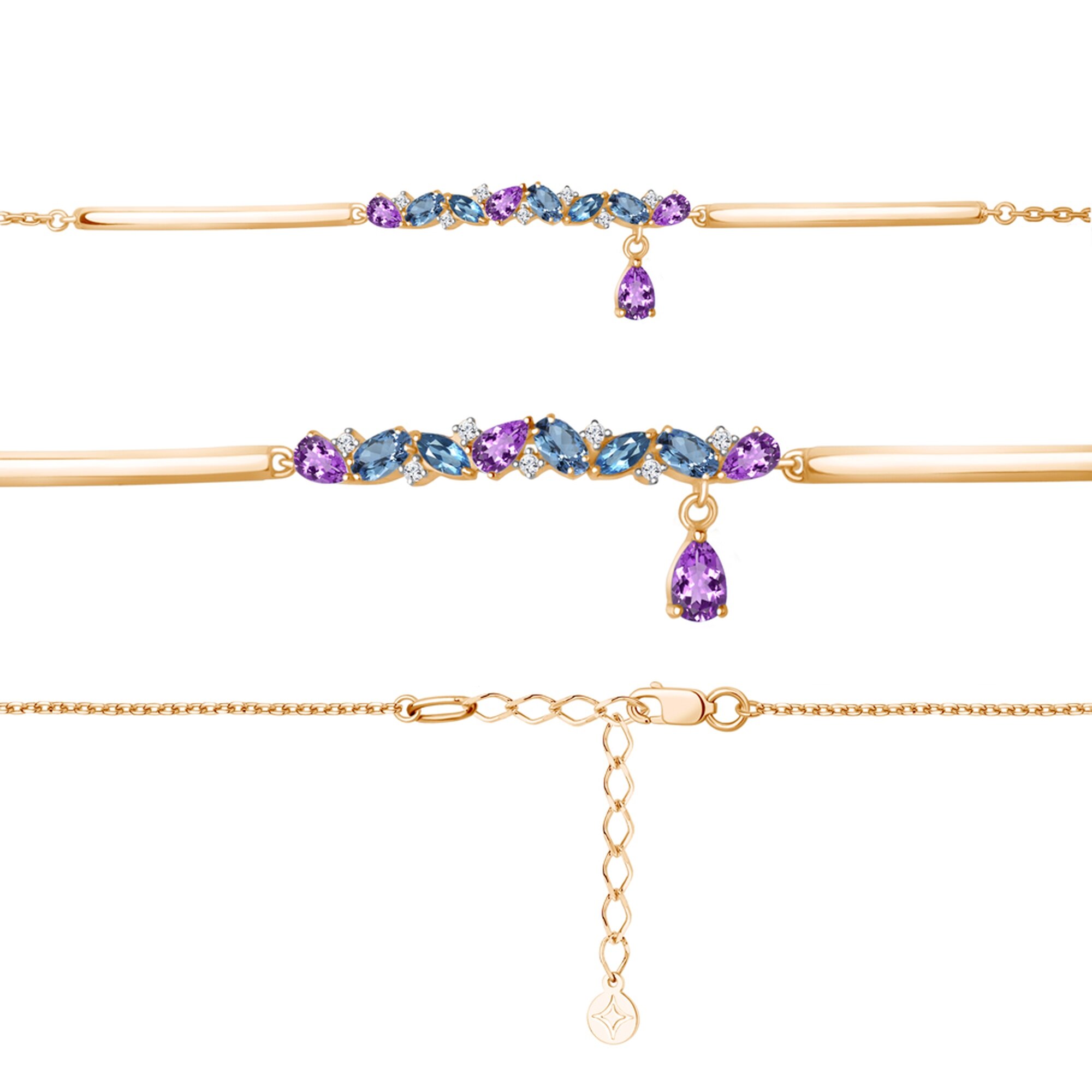 Браслет, серебро, 925 проба, золочение, аметист, фианит, топаз