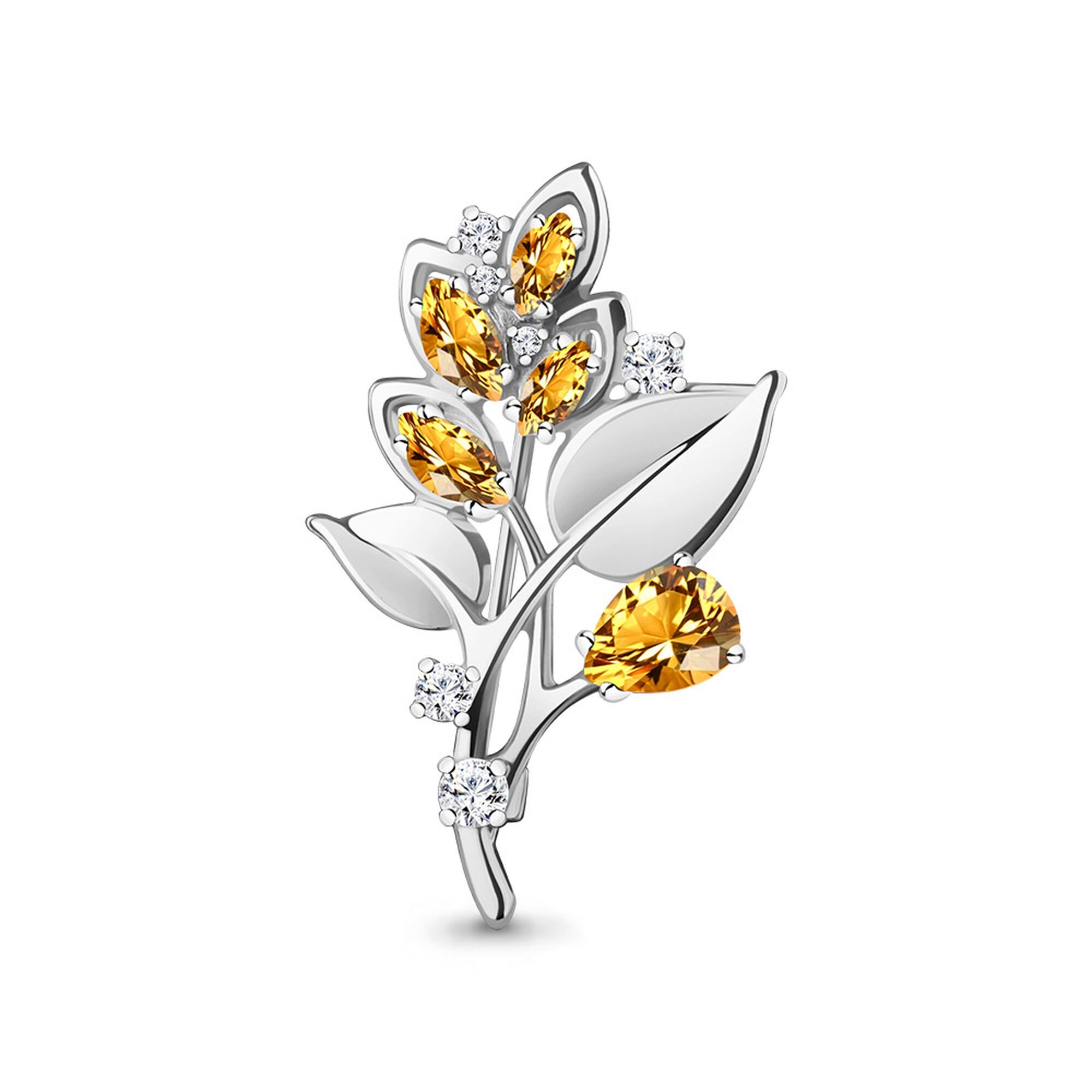 Брошь, серебро, 925 проба, родирование, фианит, цитрин