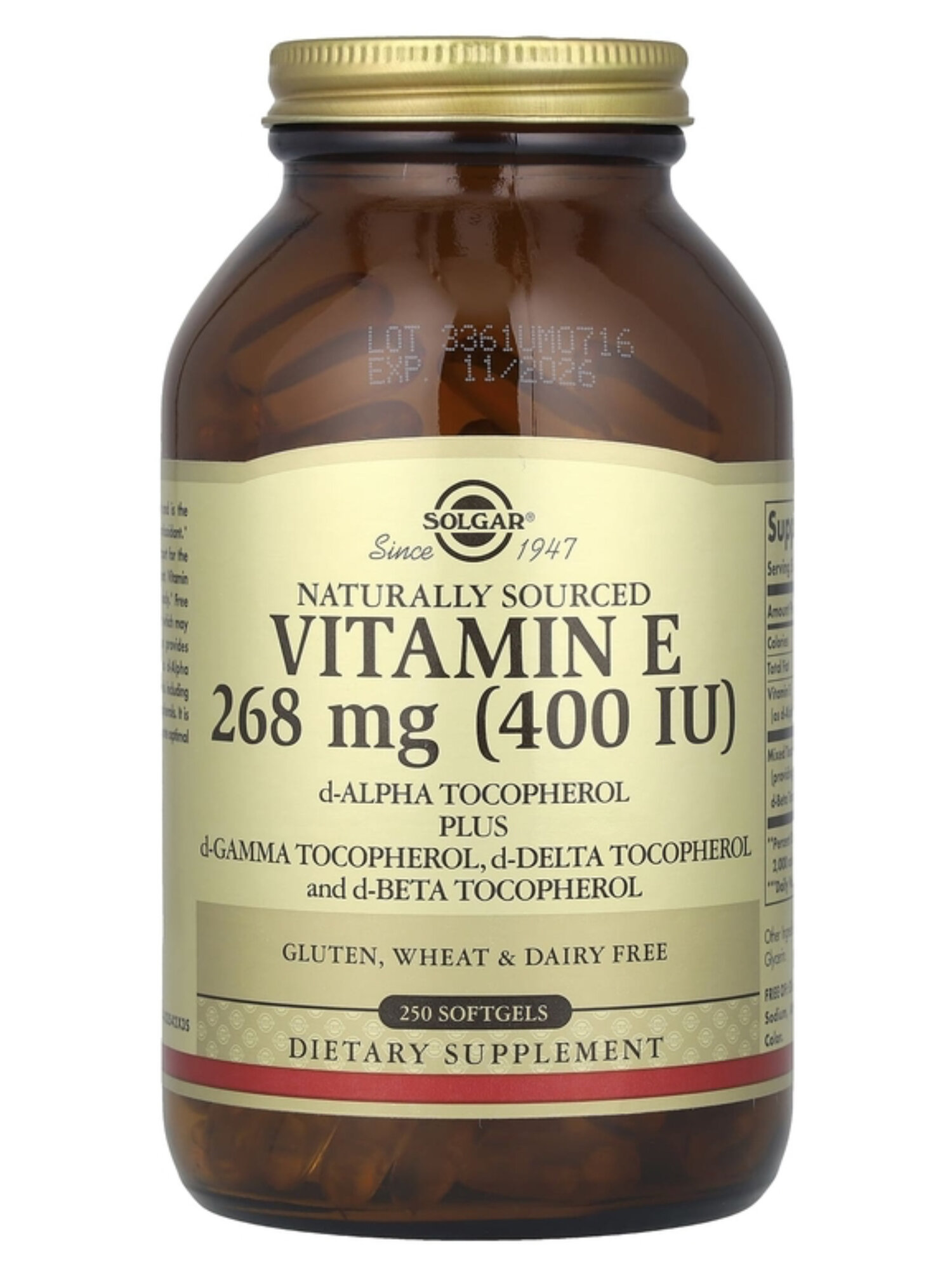 Solgar Vitamin E Mixed, Витамин Е 268 мг (400 МЕ) (d-альфа токоферол и смешанные токоферолы) 250 гел капсул