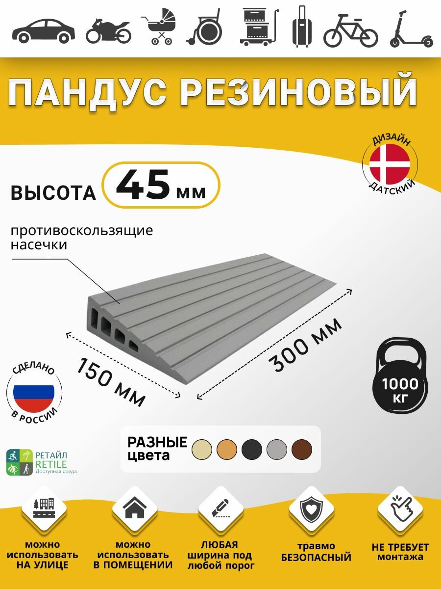 Пандус резиновый рубеж для порогов высотой 4,5 см (45х300х150 мм), серый, для колясок, склада и автомобилей