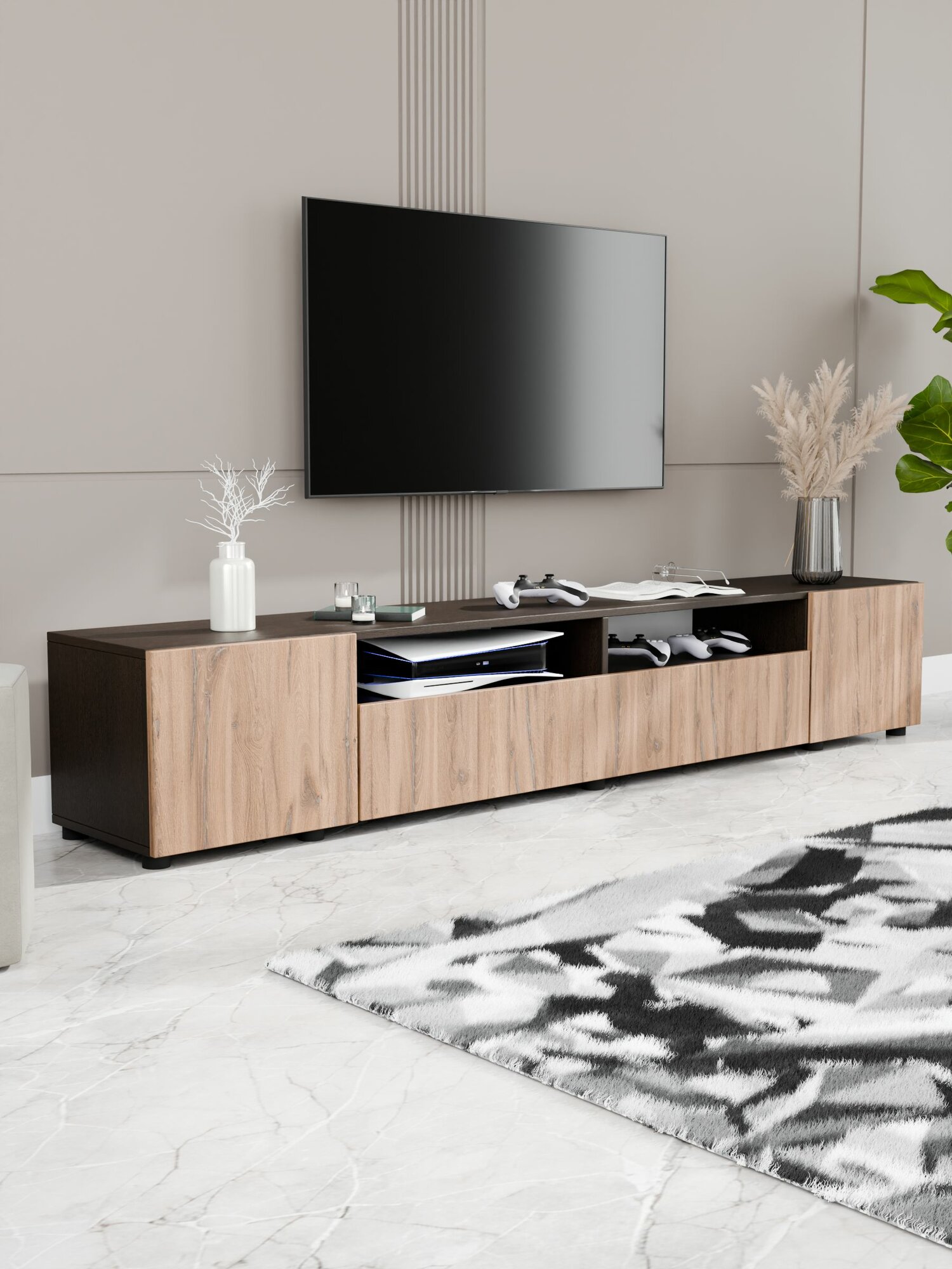 Тумба под телевизор горизонт 200х37.8х36.3 см, венге/дуб крафт табачный