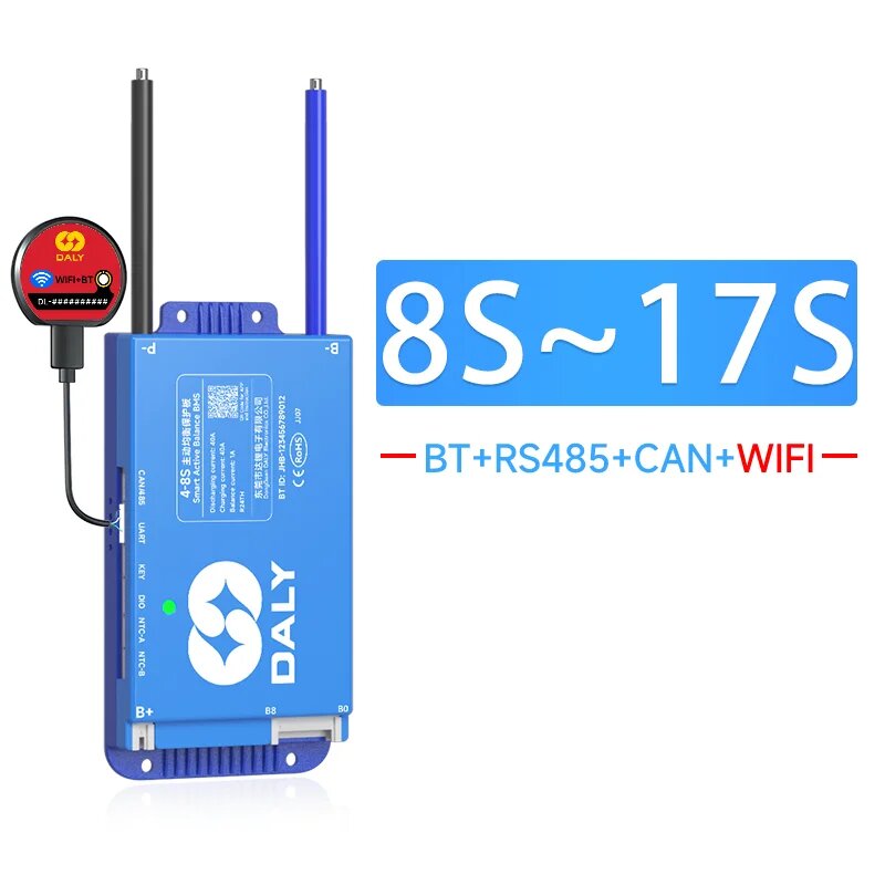 DALY Smart BMS для LiPo4/Li-Ion/LTO аккумуляторов 40A/60A 4S-24S 40А, 8S-17S WIFI RS485CAN