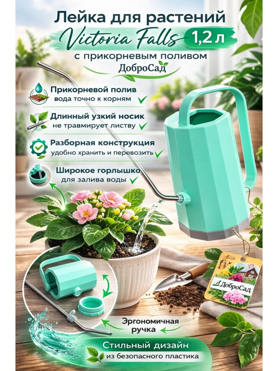 Лейка для растений ДоброСад, с прикорневым поливом, пластик, 1,2 л