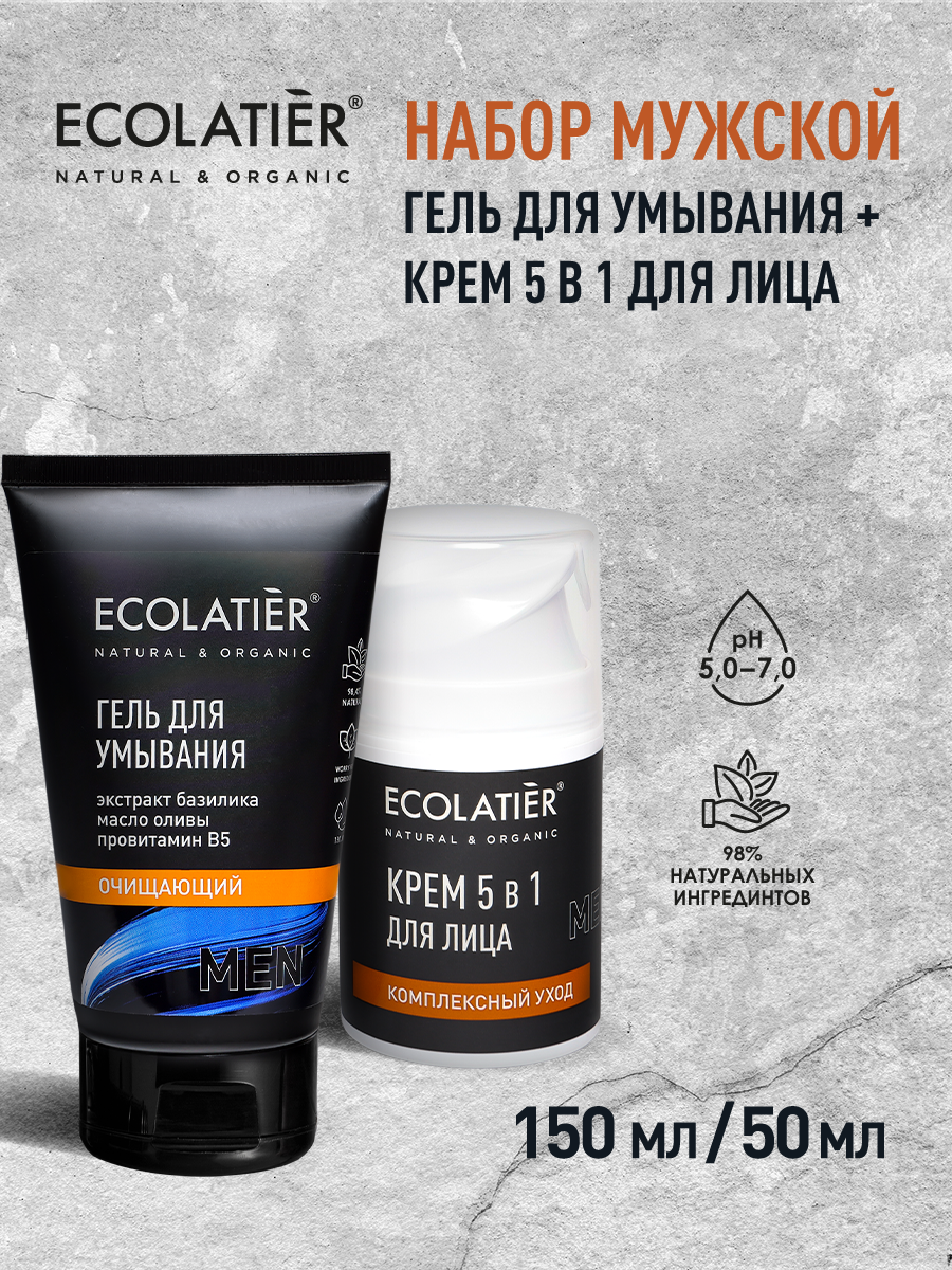 Набор мужской ECOLATIER Men, гель для умывания и крем для лица 5в1, комплексный уход, 150 мл и 50 мл