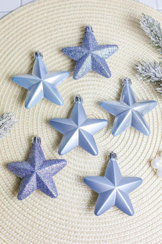 Набор украшений ёлочные звёздочки пластиковый, глянцевые, матовые, с глиттером, цвет: голубой шелк, 8 см, 6 шт, Kaemingk 027946