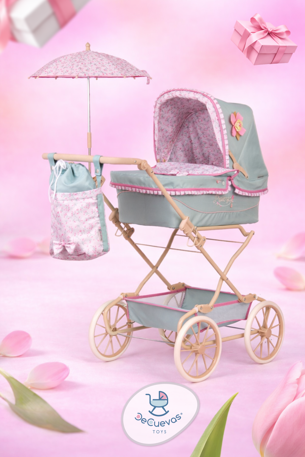 Коляска для кукол люлька DeCuevas Toys 82045, высота ручки 90 см, съемная сумка, зонт, серия "Прованс"