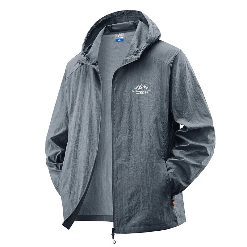 Мужская солнцезащитная куртка UPF 50+ — легкая уличная ветровка с капюшоном, дышащая и быстросохнущая для пеших прогулок, бега