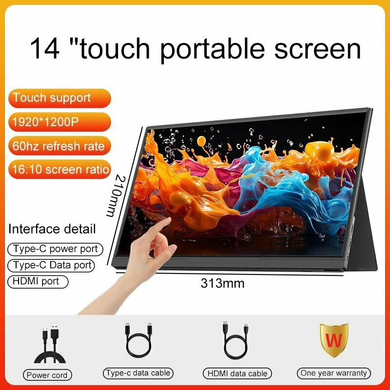 14-дюймовый портативный монитор с сенсорным экраном FHD PS, расширенный экран ноутбука Type-C, HDMI-совместимый для XBox PS4/5 Switch/Raspberry Pi