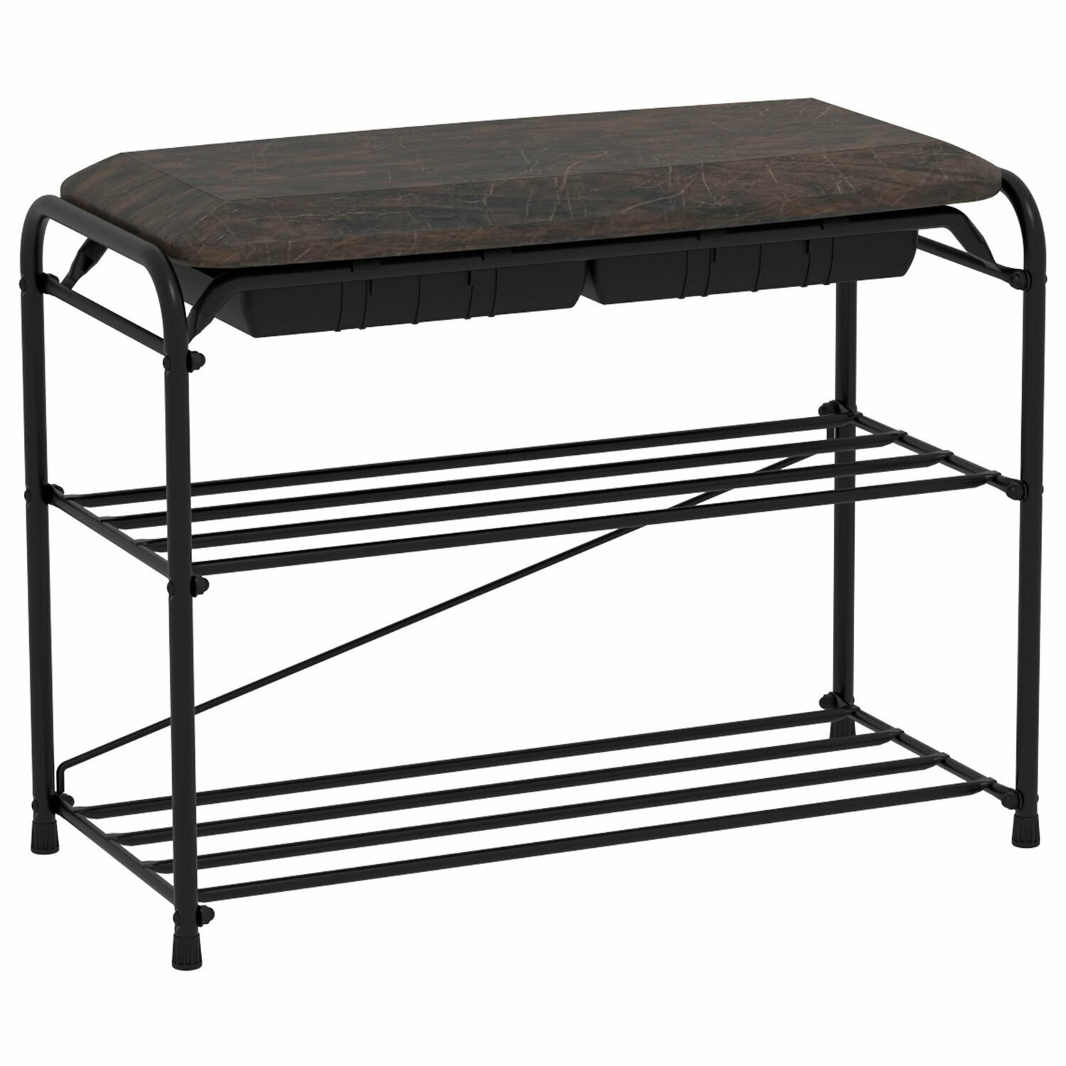 Банкетка для обуви ZMI "Альфа-23СЯ", 650х300х480 мм, 2 полки, ящик, металл, кожзам, черно-коричневая (ПДОА23СЯ Ч)