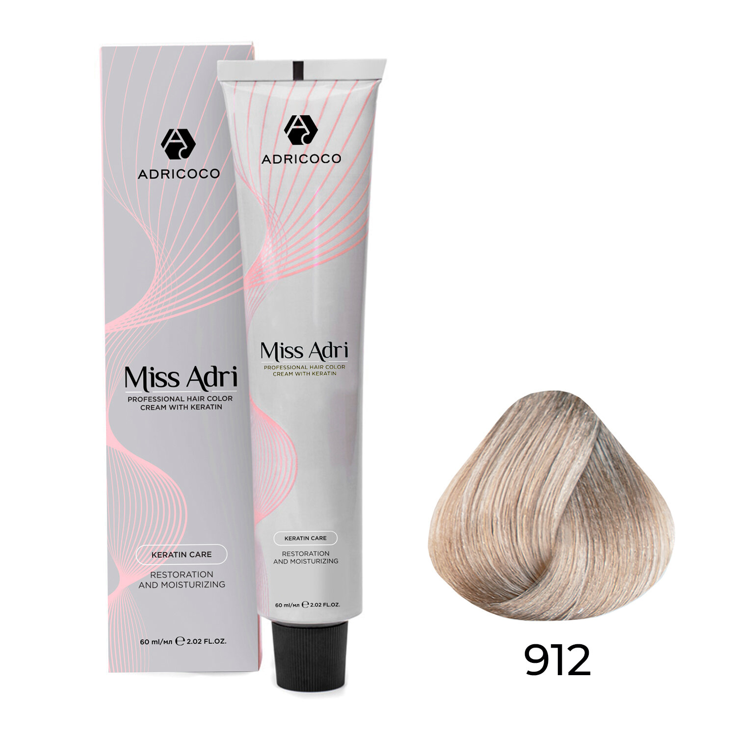 Крем-краска для волос Miss Adri с кератином, оттенок 912 Осветляющий пепельный перламутровый, ADRICOCO, 60 мл