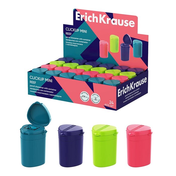 Точилка ErichKrause ClickUp Mini Reef, 1 отверстие, с контейнером, микс