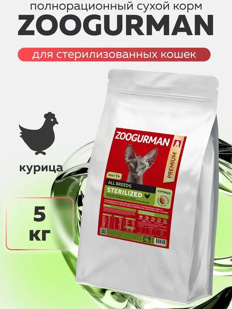 Корм сухой Зоогурман для взрослых стерилизованных кошек всех пород RED Курица 5 кг