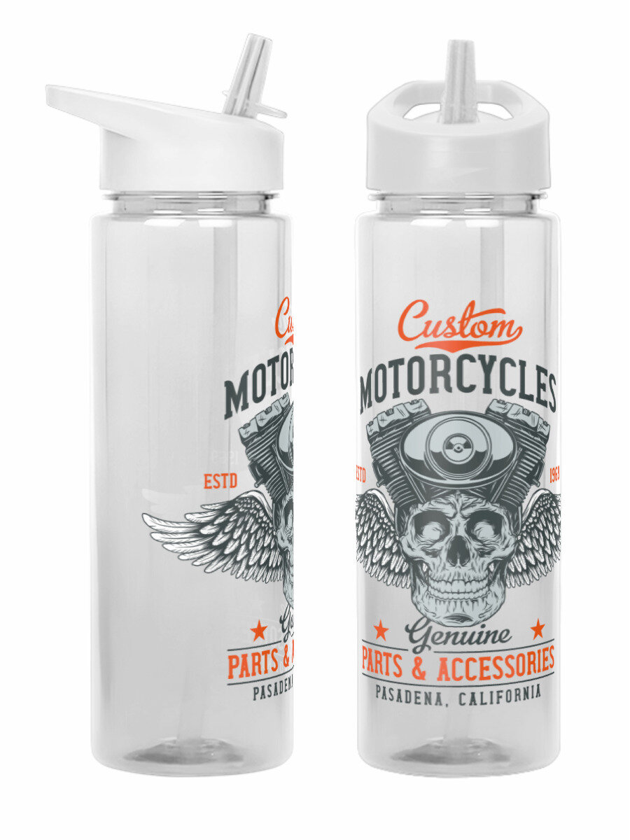 Бутылка белая для воды с принтом Череп байкер с крыльями. Скелет, мотоцикл, двигатель