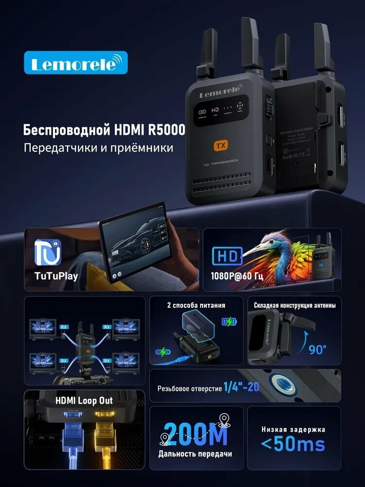 Lemorele R5000 беспроводной HDMI передатчик и приемник, передача на 200 м, Full HD 60Hz, подходит для съемки и видеосъемки