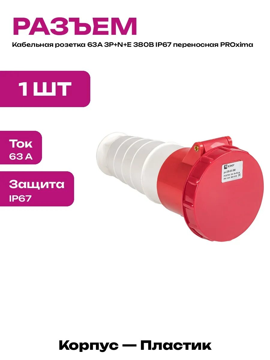 Кабельный силовой разъем 63А 3P+N+E IP67 380В с крышкой EKF
