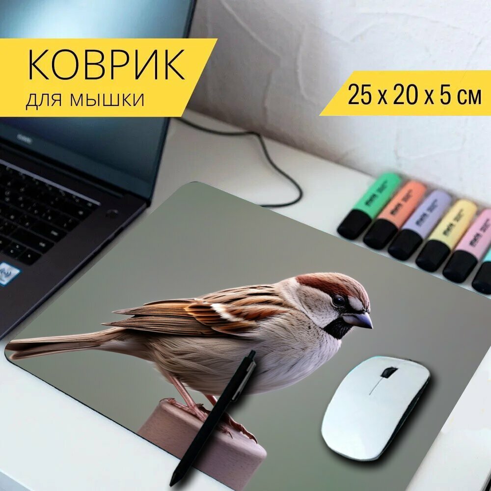 Коврик для мыши с принтом "На столбике воробей птицы" 25x20см.