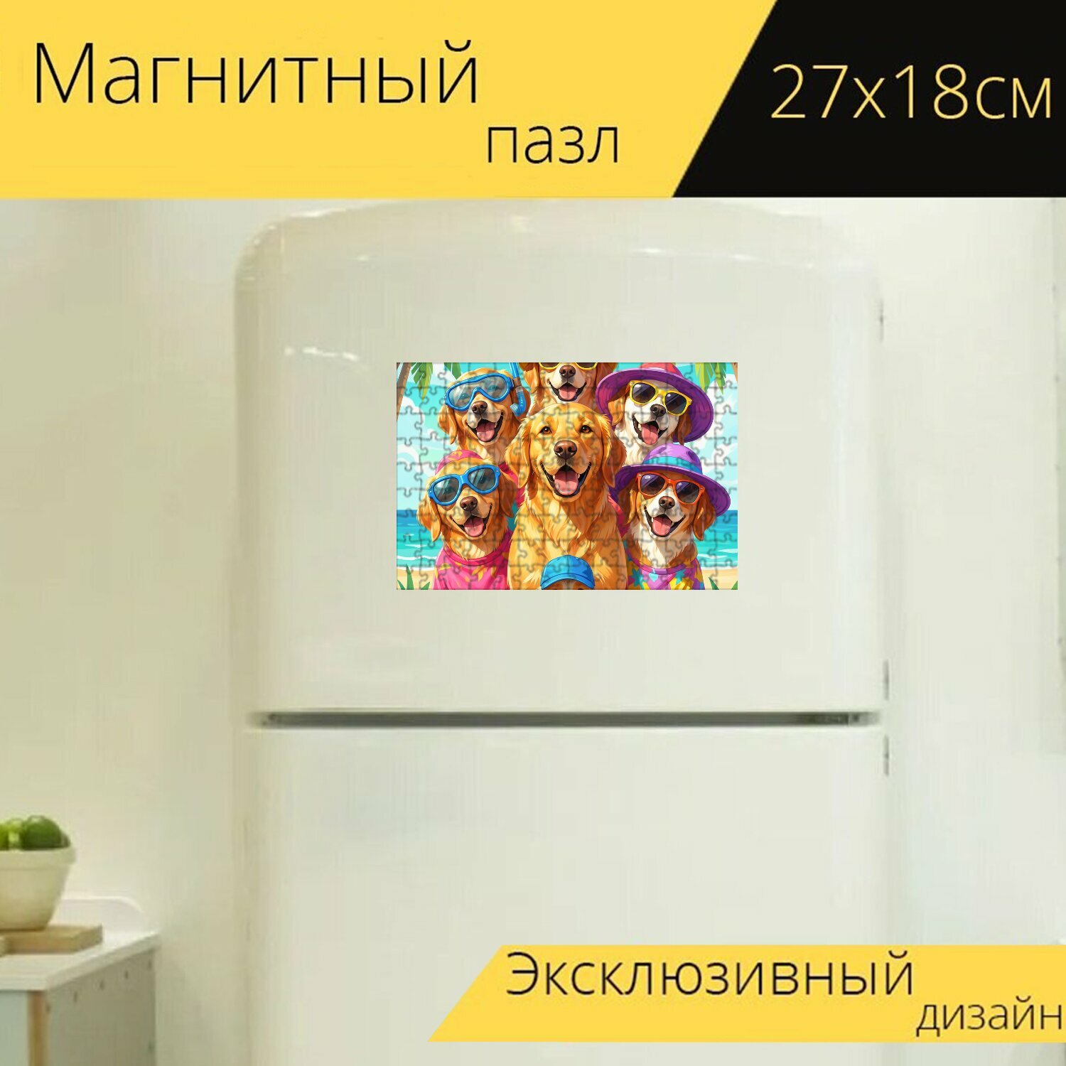Магнитный пазл "Собаки на тропическом пляже. Весёлая группа золотистых ретриверов в солнечных очках и ярких шляпах на фоне моря, пальм и голубого неба." на холодильник 27 x 18 см.