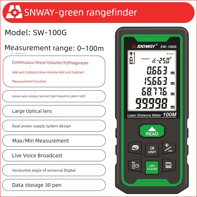 Лазерный дальномер с зеленым светом SW-100G, 100м диапазон, для внутреннего и наружного использования, двойная