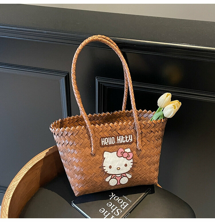 Корзина - Мешок из ротанга для организации и хранения вещей Вышивка Hello Kitty