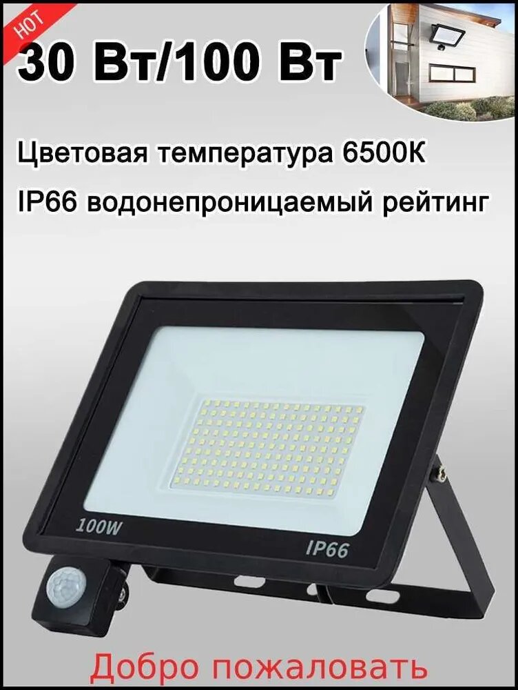 Прожектор светодиодный с датчиком движения Юма (YLT-TG111-S) 30 Вт, 6500K, IP65, LED светильник уличный от сети 220в, черный