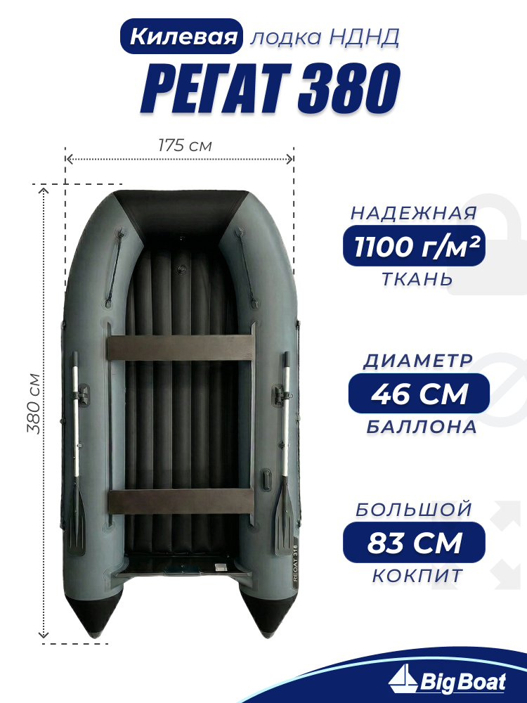Надувная, под мотор, килевая лодка из ПВХ для рыбалки Regat (Регат) 380 НДНД