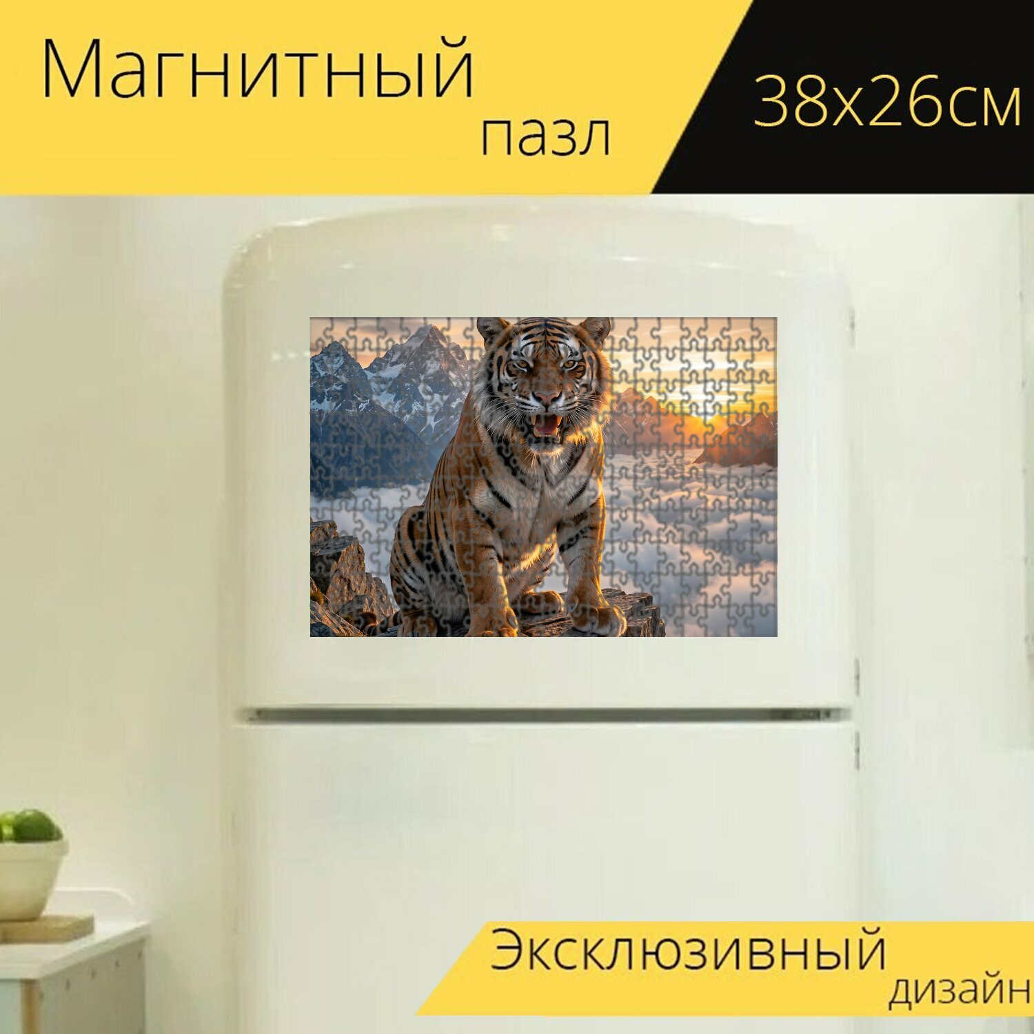 Магнитный пазл "Тигр на скале в горах. Величественный хищник с оскаленной пастью на утесе среди заснеженных вершин и облаков на рассвете. Реалистичный." для интерьера, 38х26 см.