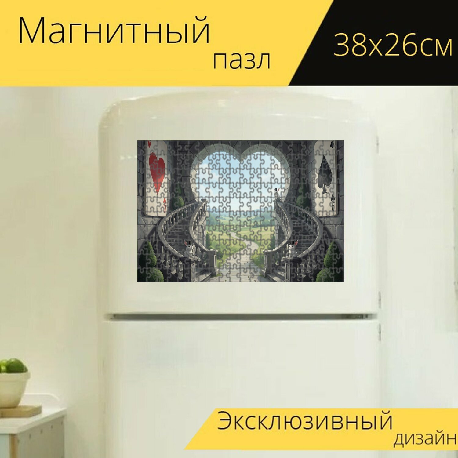 Магнитный пазл "Сказочный проход в форме сердца. Фэнтезийная каменная арка, симметричные лестницы, игральные карты дама червей и туз пик, белые кролики в." для интерьера, 38х26 см.