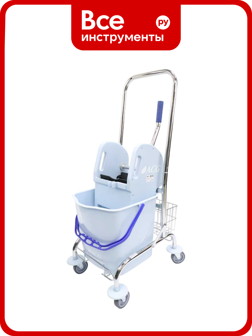 Тележка ACG 1х25 л, с отжимом, ведро серое, корзина для химии, база хром