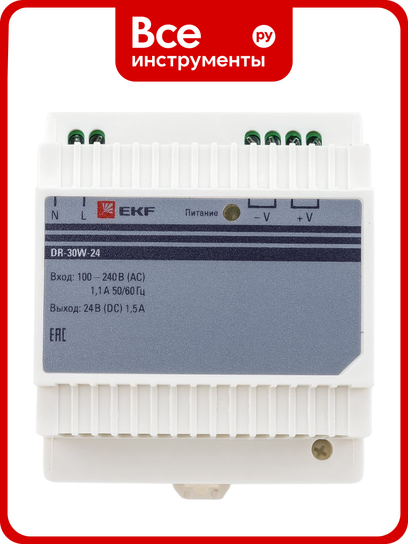 Блок питания EKF 24В PROxima dr-30w-24, зелёный, промышленного назначения, высокий КПД, компактный