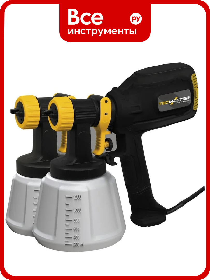 Электрический краскопульт TECMASTER T1200 с двумя насадками и комплектом форсунок, для покраски любых поверхностей