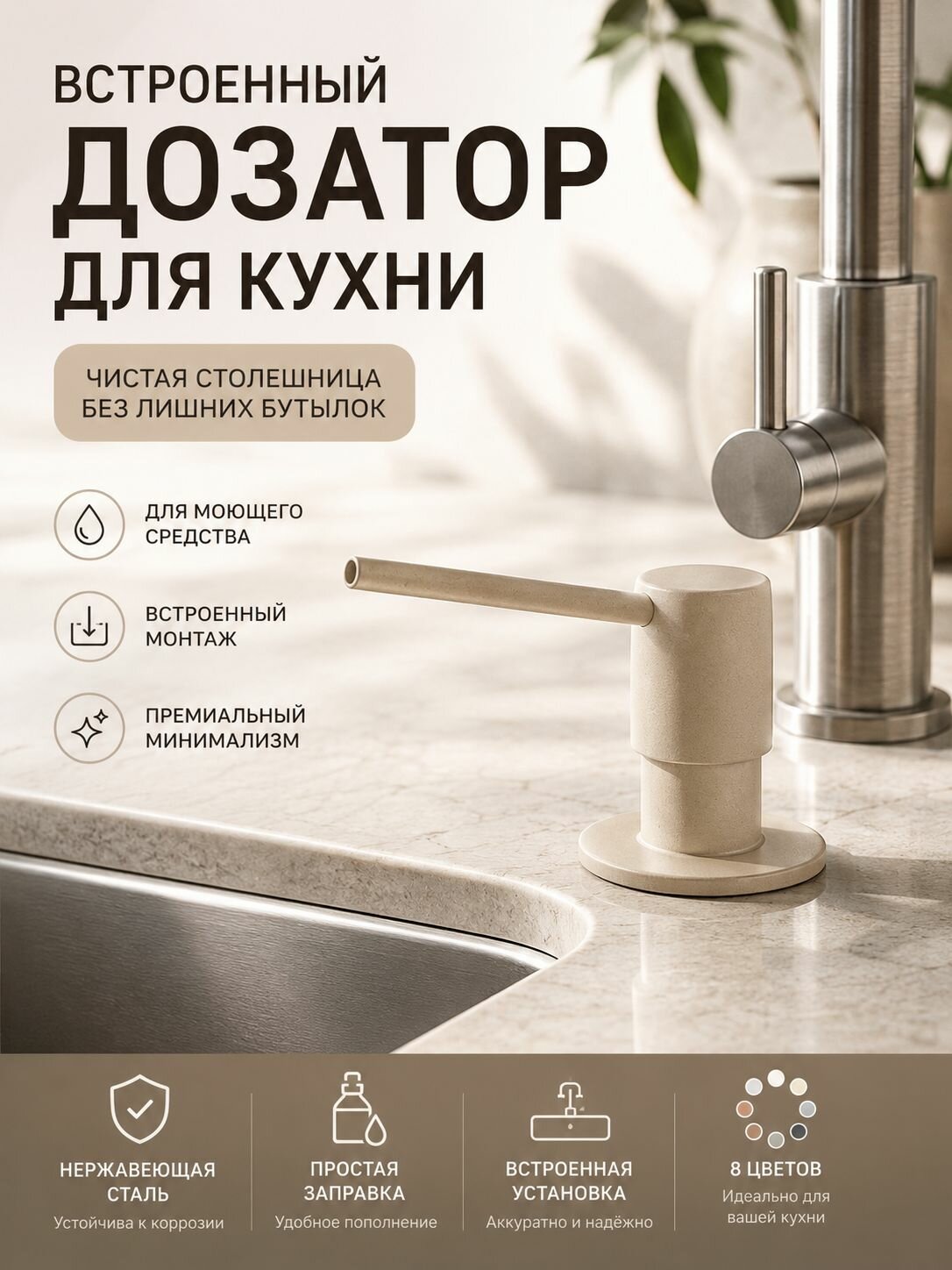 Встраиваемый дозатор для моющего средства на кухонную мойку, диспенсер для жидкого мыла, 300 мл бежевый