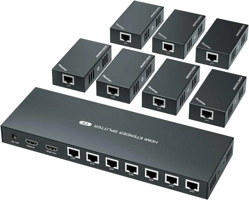 YPS HTS0107 Активный HDMI удлинитель-разветвитель/Сплиттер 1080P при 60 Гц с копированием EDID и POC по кабелю Ethernet Cat 5E/6/7 длиной 50 м (165 футов) (1 вход 7 выхода)