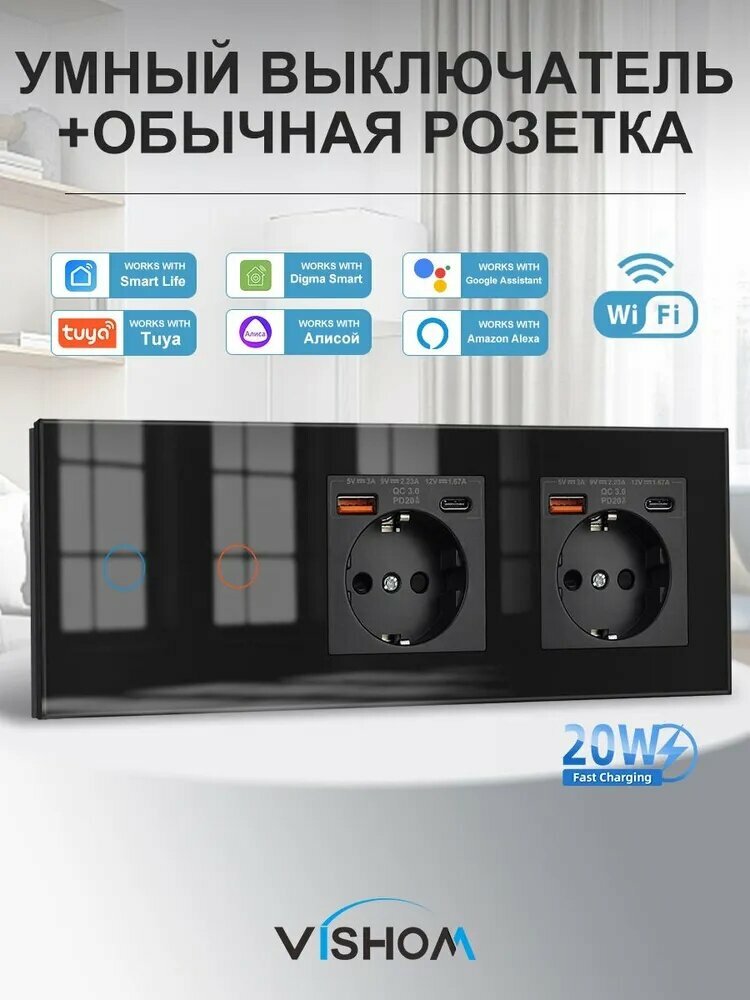 Умный сенсорный WIFI выключатель с розеткой USB и Type C портами в одной стеклянной черный рамке, двухклавишный + 2 обычные розетка с usb быстрая зарядка