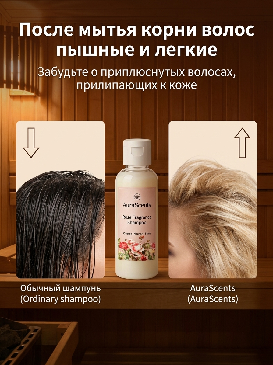 Натуральный шампунь с экстрактом розы и кератином, 50ml, AuraScents