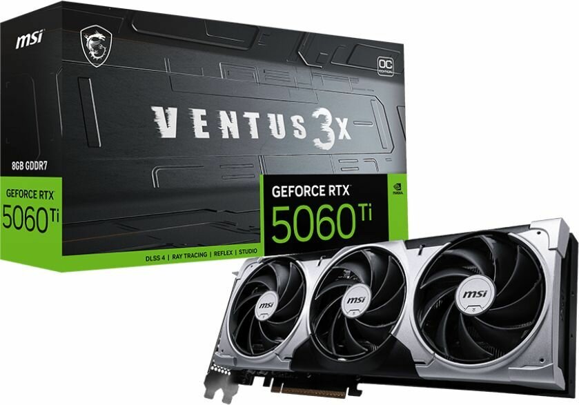 MSI Видеокарта GeForce RTX 5060 Ti GDDR7 8 ГБ 128 бит 2617 МГц DisplayPort х 3 HDMI х 1 8 ГБ (RTX 5060 TI 8G VENTUS 3X OC)
