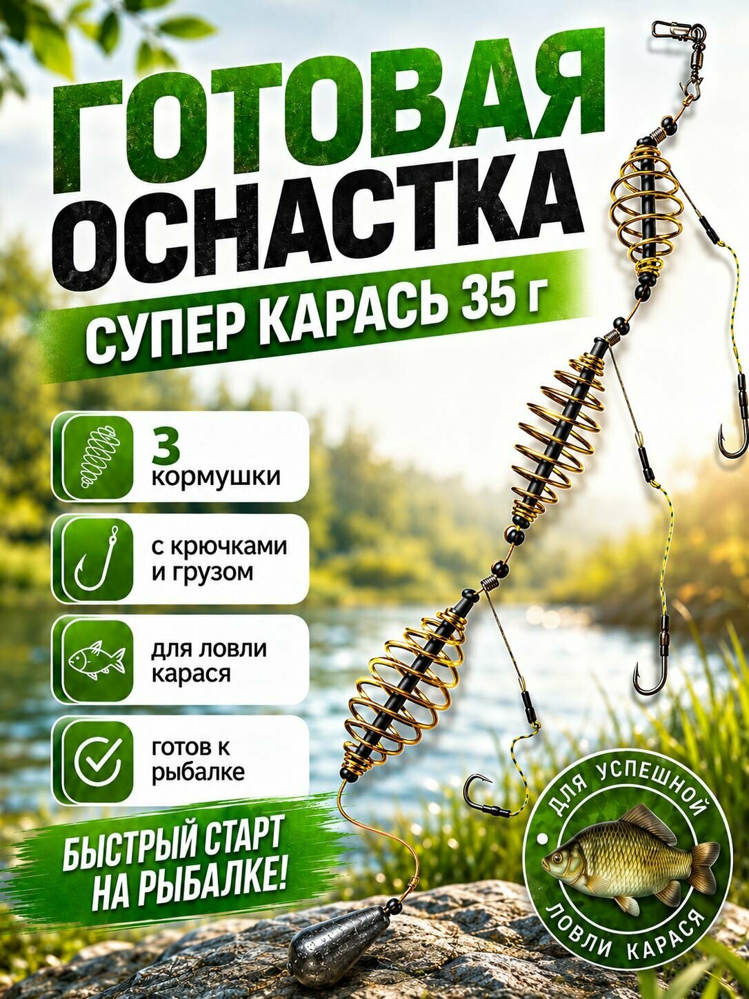 Готовая оснастка Супер Карась 35 г, убийца карася, 3 кормушки, крючки и груз для донной ловли