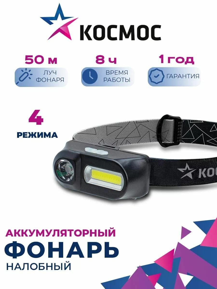 Фонарь налобный аккумуляторный 50 м зум-линза/зарядка Micro USB